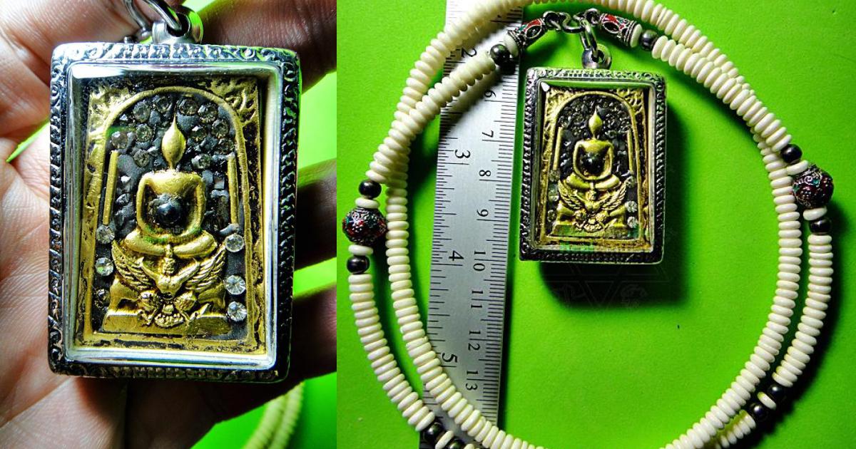 OLD THAI REAL AMULET SOMDEJ TABLET GOLD LEAF LEKLAI GEMS GARUDA KING ...